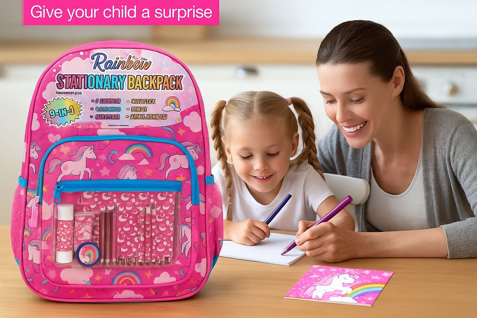 Rainbow Stationery Backpack – 9-in-1 School Set - One KD Shop